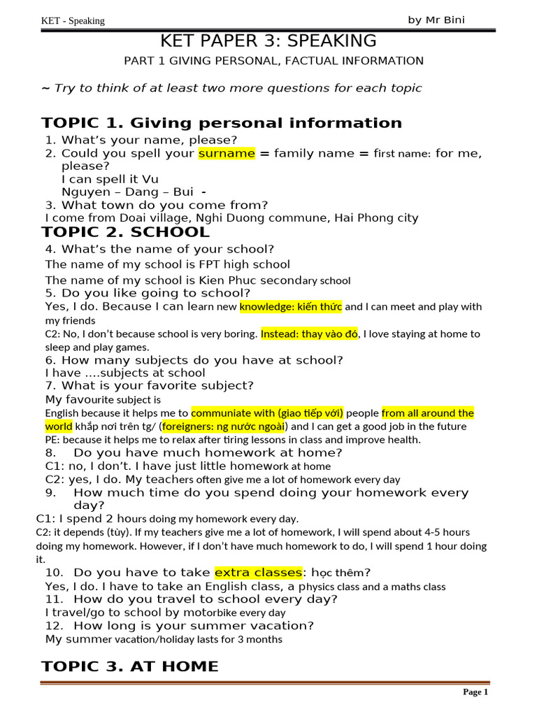 KET Speaking Practice Questions Guide | PDF | Lunch | Meal