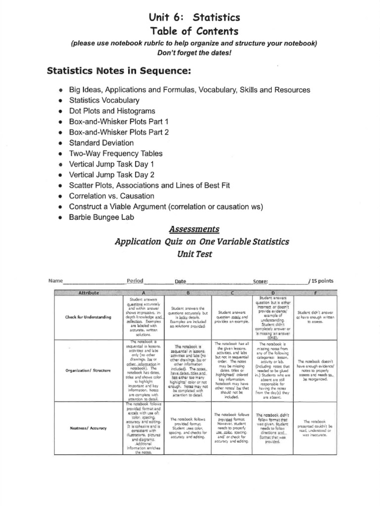 Algebra Unit 6 Stats Notes and HW | PDF