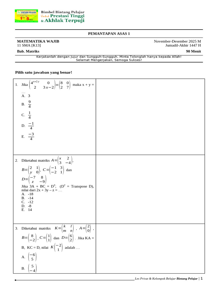 K13 - PM ASAS 1 MATEMATIKA WAJIB 11 SMA (Matriks) (Layout) TA 25-26 | PDF