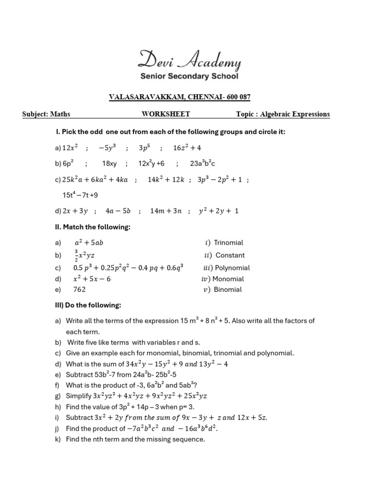 Revision Worksheet of Algebraic Expressions. | PDF