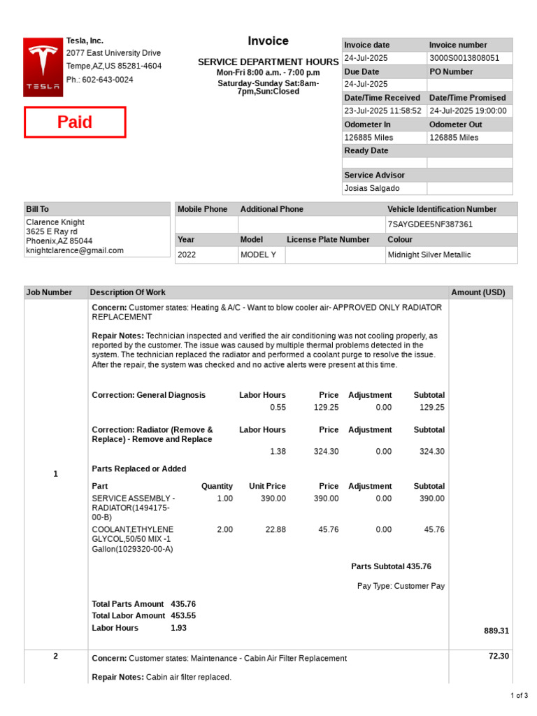 Tesla Model Y Service Invoice Summary | PDF | Radiator | Debit Card
