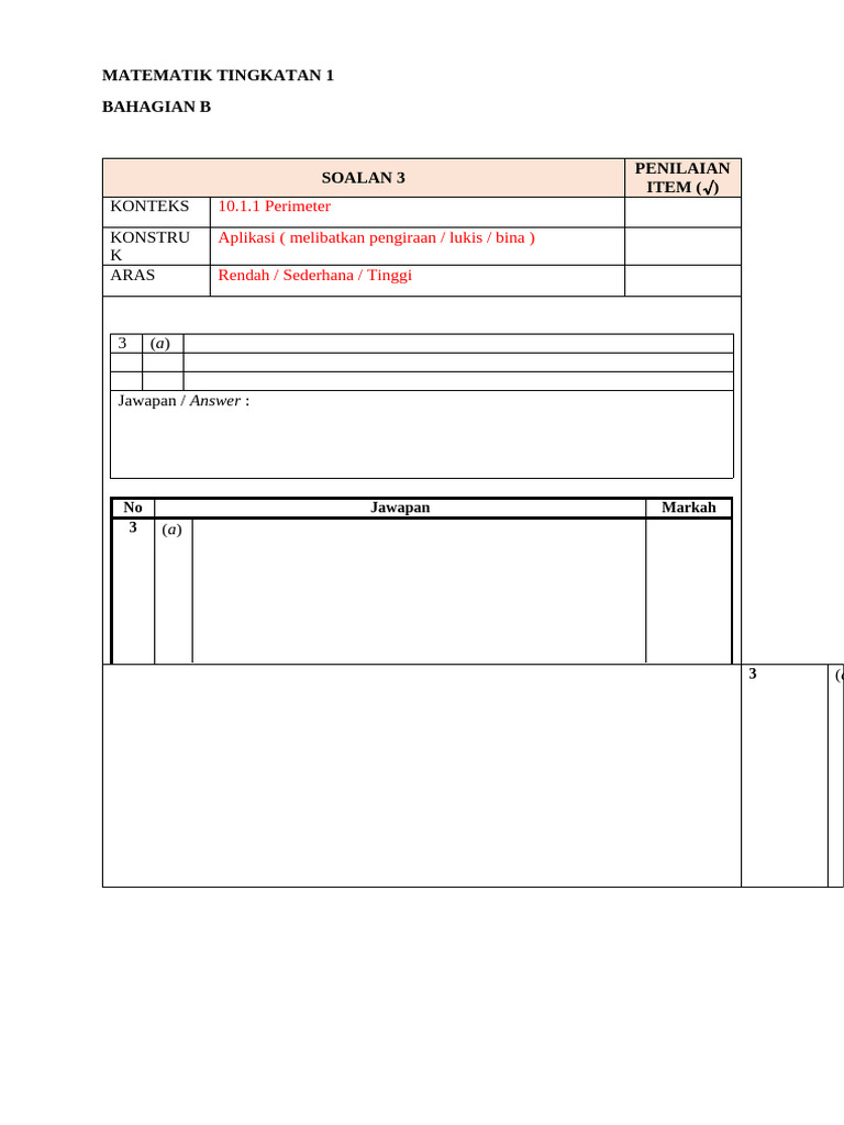 Template Bah b Item Matematik Form 1 2025 Tingkatan 1 Bahagian b | PDF