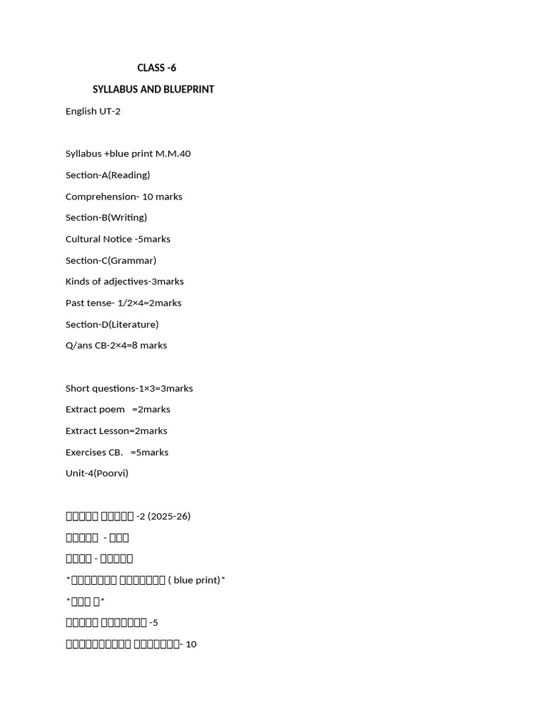 Syllabus and Blueprint of Class 6th | PDF