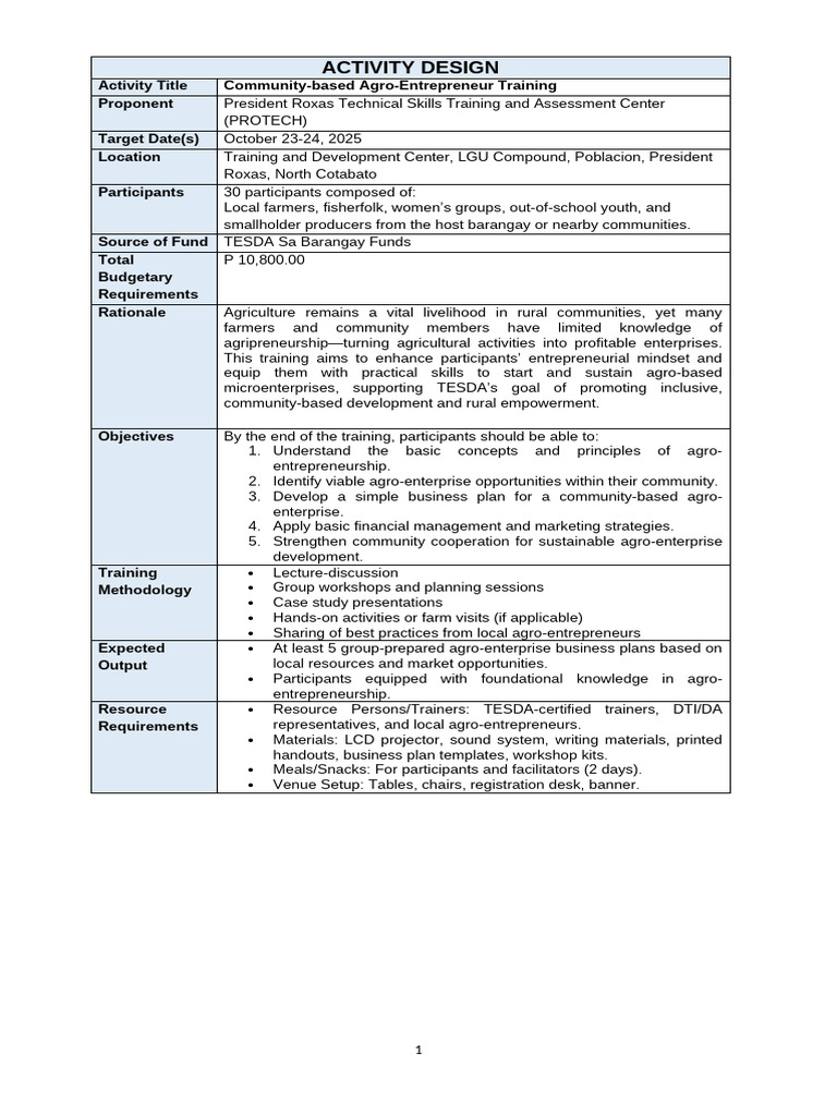 Activity Proposal Agro-Entrep | PDF | Entrepreneurship | Business