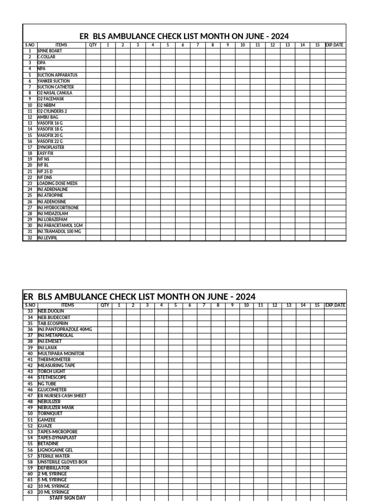 June 2024 BLS Ambulance Checklist | PDF