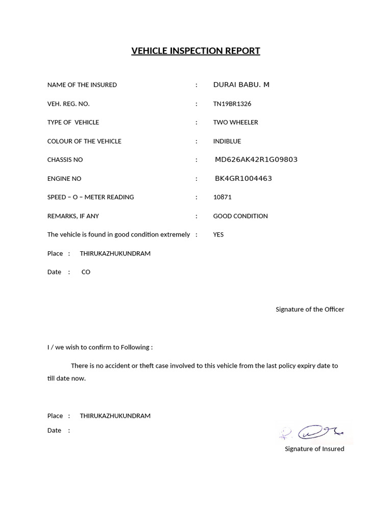 Vehicle Inspection Report Tn 19 Br 1326 | PDF