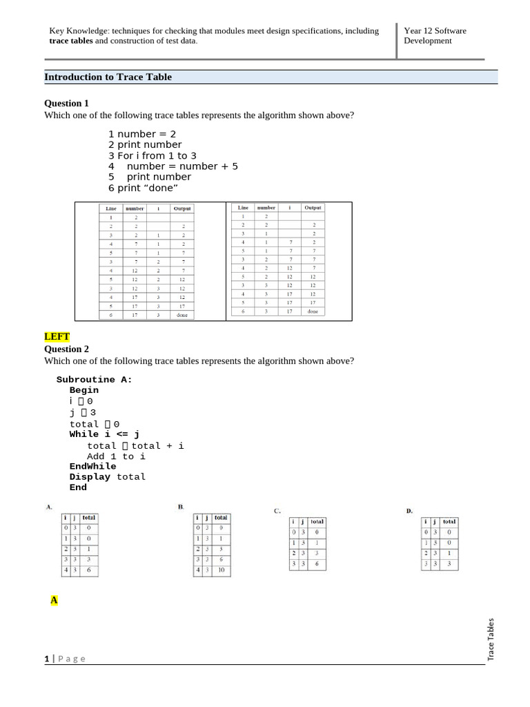 Understanding Trace Tables in Software Development | PDF | Algorithms ...