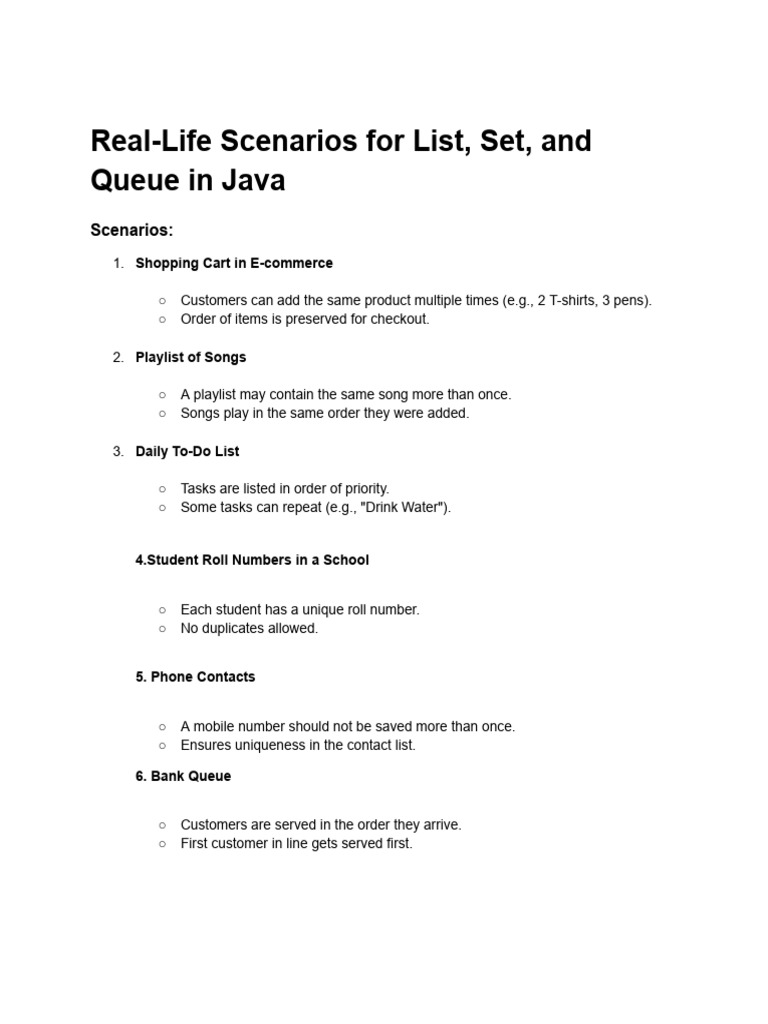 Real-Life Scenarios for List, Set, And Queue in Java | PDF