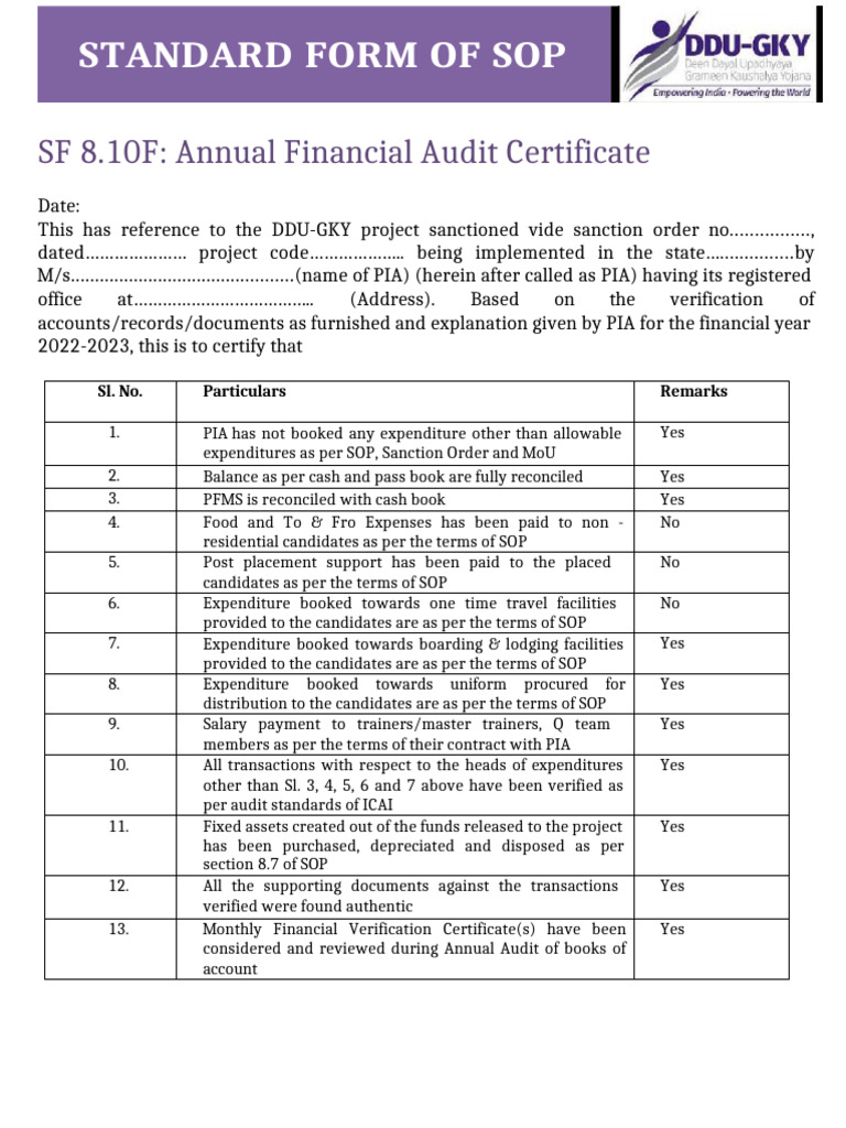 SF 8.10F Annual Financial Audit Certificate | PDF | Audit | Expense