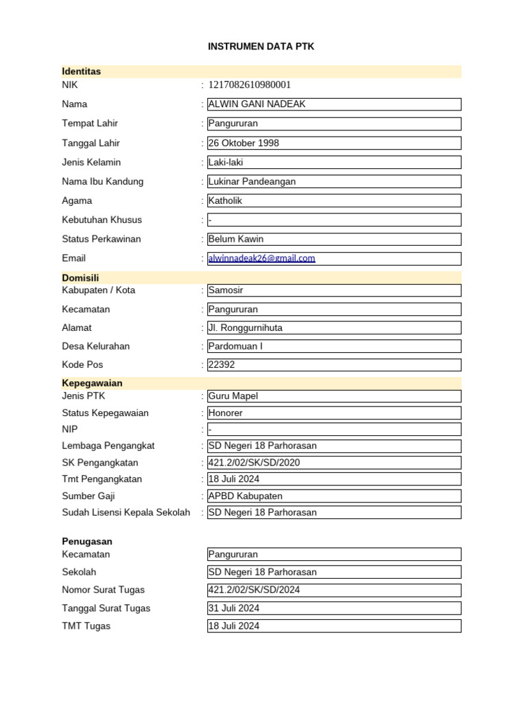 Data Pribadi dan Kepegawaian Alwin Nadeak | PDF