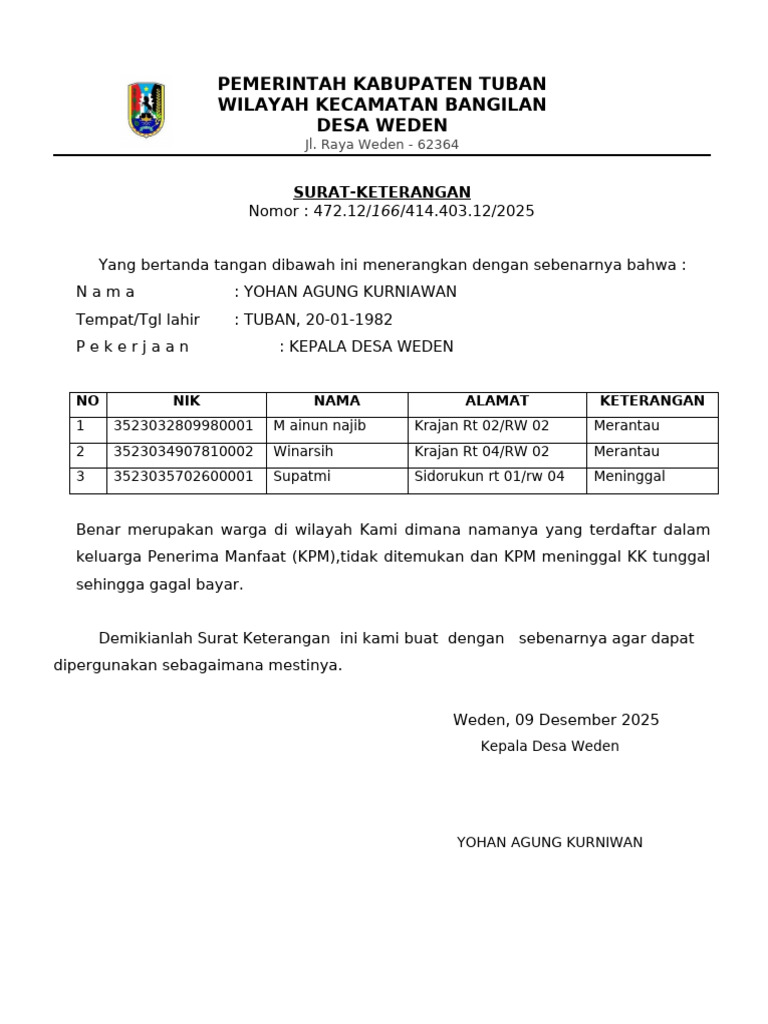 Surat Keterangan Warga Desa Weden | PDF