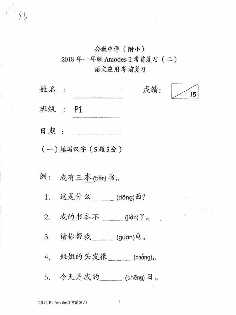 P1 Chinese 2018 Catholic High Test1 Papers | PDF