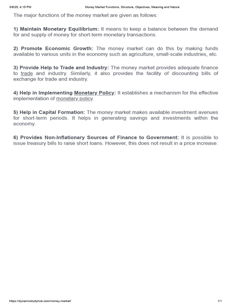 Money Market Functions, Structure, Objectives, Meaning and Nature | PDF
