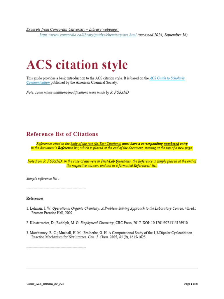 ACS Citation Style Guide Overview | PDF | Chemical Reactions | Chemistry