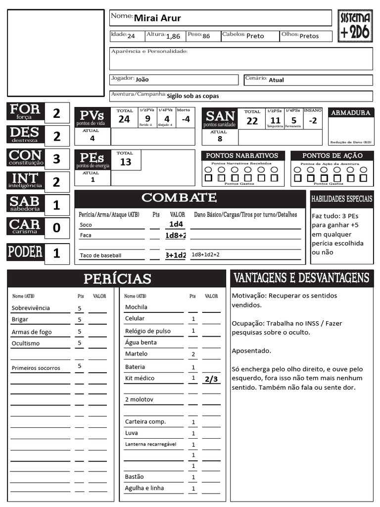 Ficha de Personagem RPG: Mirai Arur | PDF
