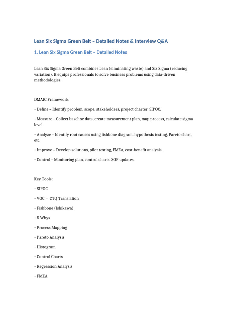 Lean Six Sigma Notes and Interview QA | PDF | Six Sigma | Microsoft Excel