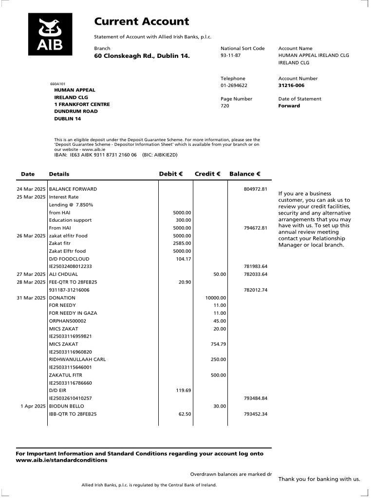 Human Appeal Ireland Bank Statement | PDF | Banks | Deposit Account
