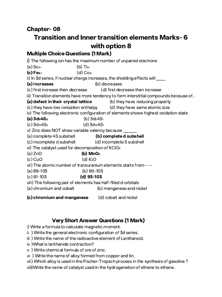 Transition Elements MCQs and Answers | PDF | Transition Metals | Lanthanide
