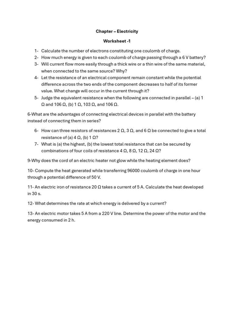 Electricity Worksheet: Key Concepts & Problems | PDF