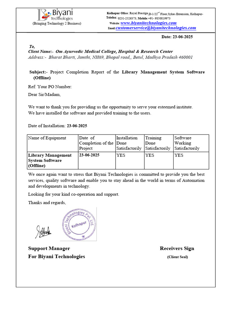 Project Completion Letter 2 | PDF