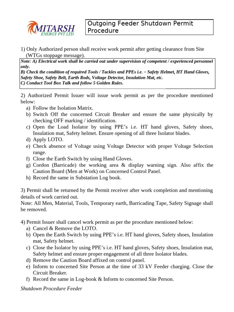 Outgoing Feeder Shutdown Permit Procedure | PDF