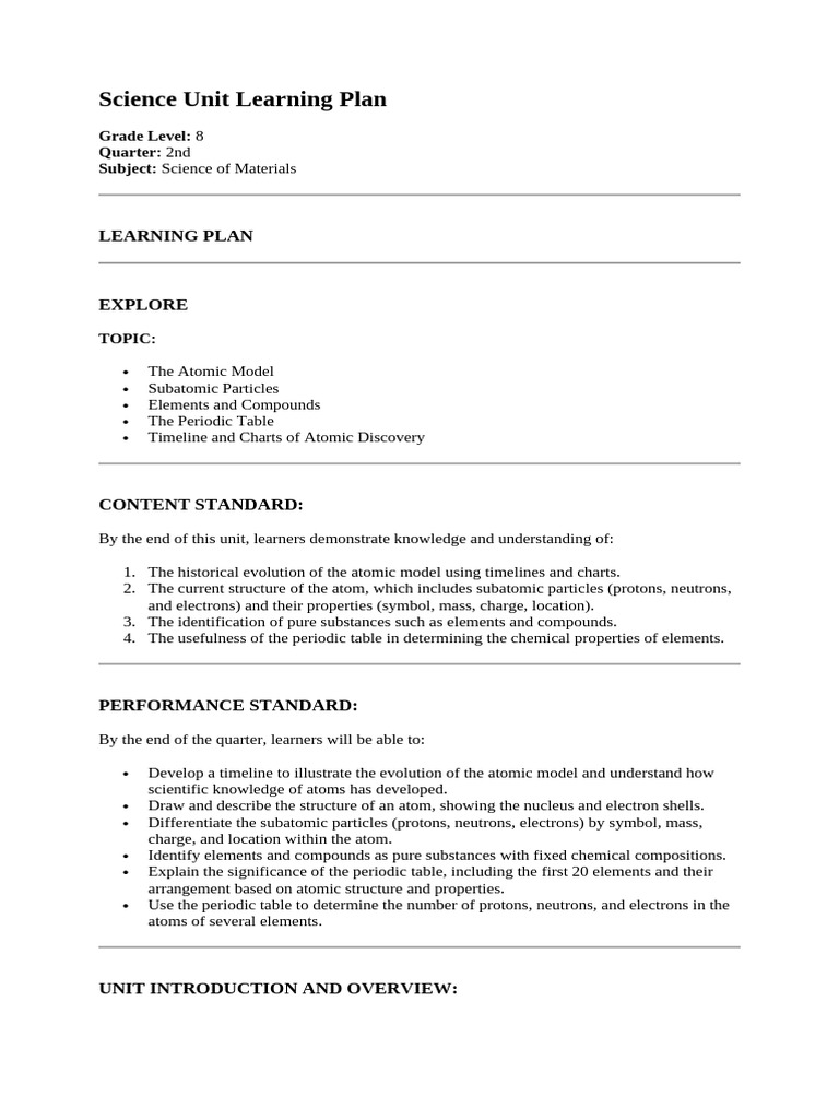 Science Unit Learning Plan | PDF | Atoms | Proton