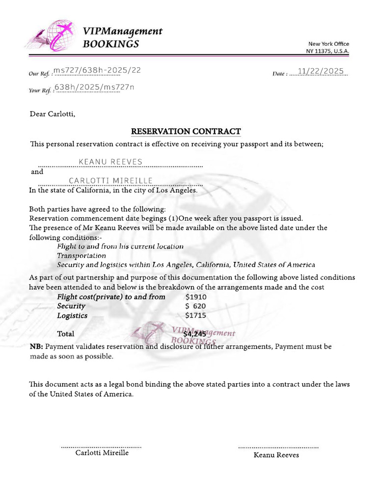 Keanu Reeves Personal Reservation Contract | PDF