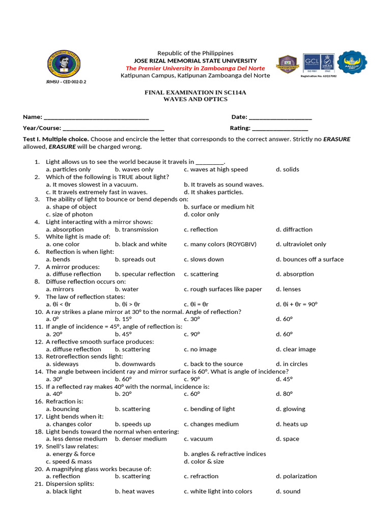 Final Exam-Waves and Optics - 2025 | PDF | Light | Reflection (Physics)