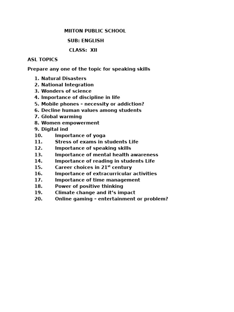 ASL Topics for Class XII English | PDF