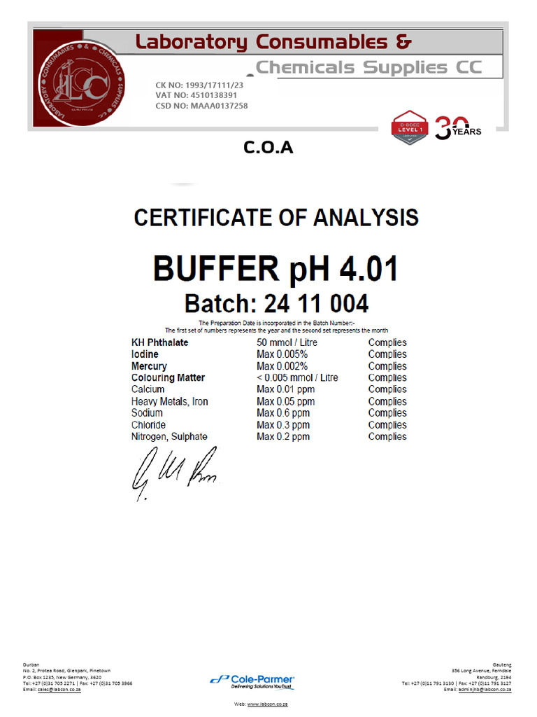 Buffer Solution PH 4 Batch No 24 11 004 | PDF
