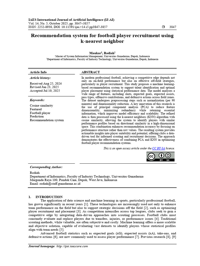 Recommendation System For Football Player Recruitment Using K-Nearest Neighbor | PDF | Principal ...