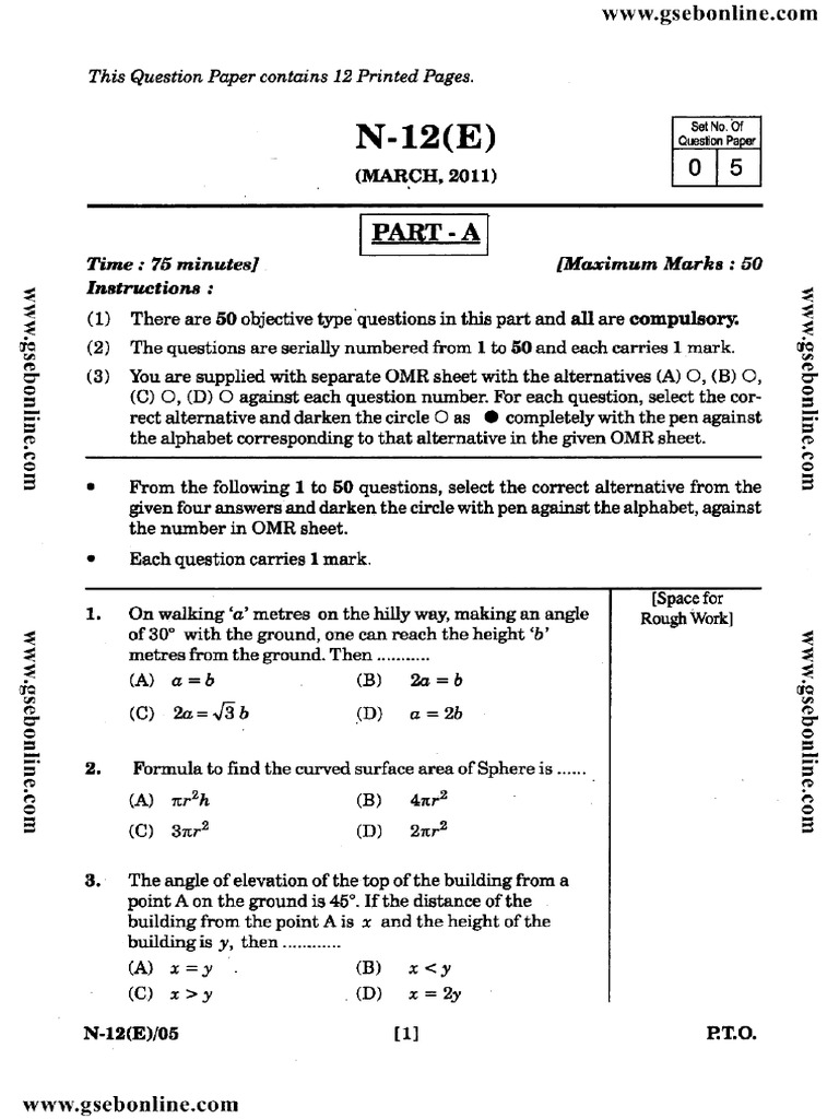 Gseb Class 10 Standard Mathematics N 12 e Mar 2011 | PDF