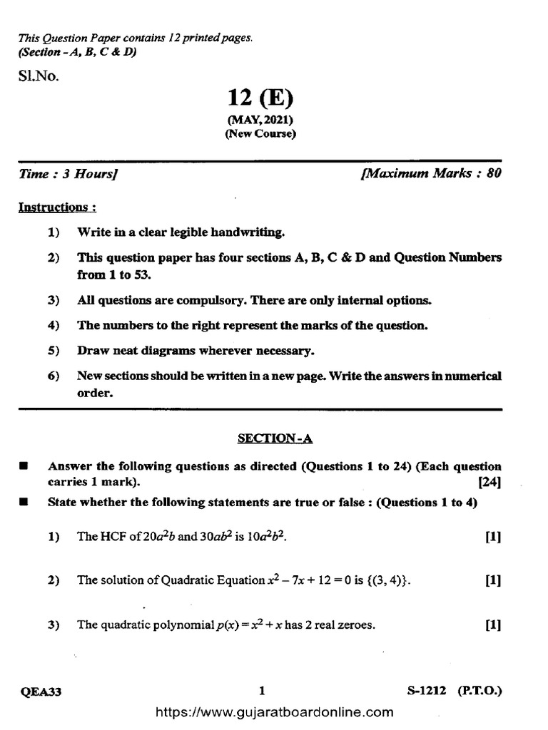 Gseb Class 10 Standard Mathematics 12 e May 2021 | PDF