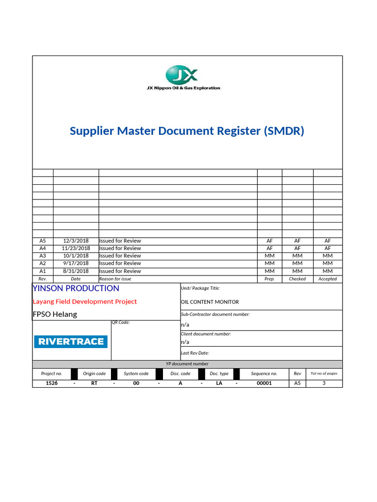 1526 RT 00 A LA 00001 - A5 - Supplier Master Document Register (SMDR) | PDF