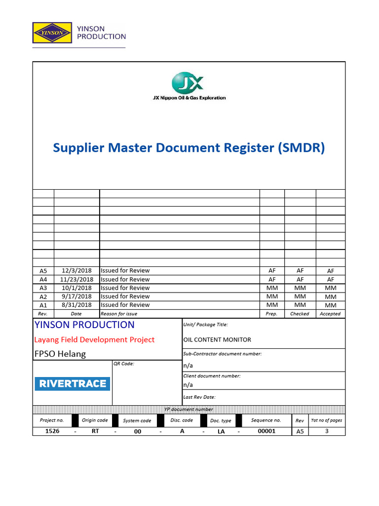 1526 RT 00 a LA 00001_A5_Supplier Master Document Register (SMDR) | PDF