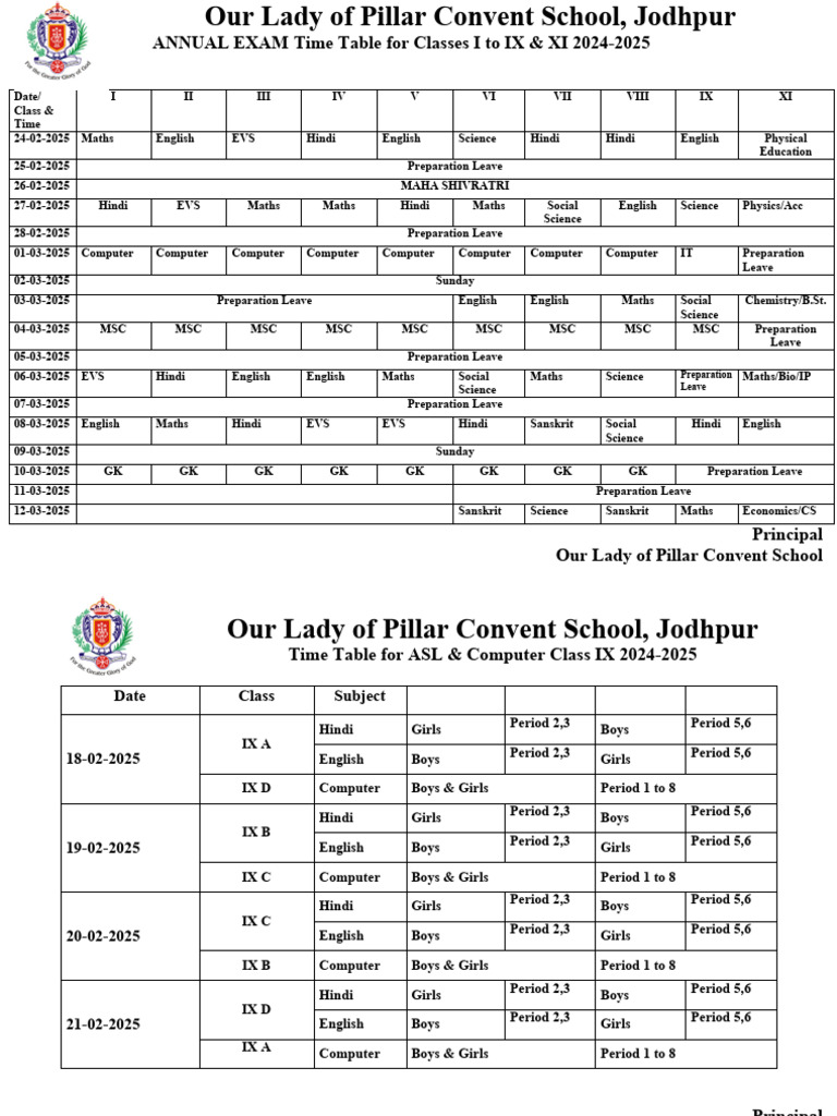 OLP Convent School Jodhpur Exam Timetable 2024-25 | PDF | Science | Inquiry
