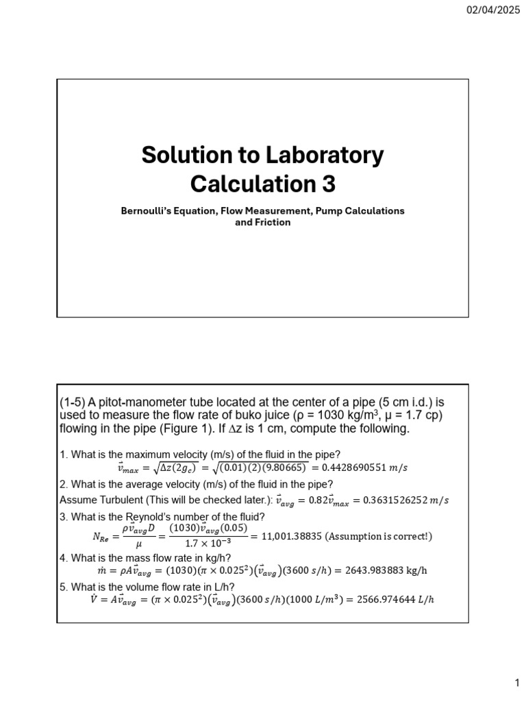 Solution to Laboratory Calculation 3 2025 | PDF | Fluid Dynamics | Flow ...