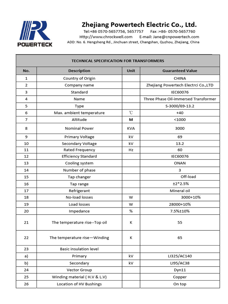 Technical Specs for Power Transformers | PDF | Physical Sciences