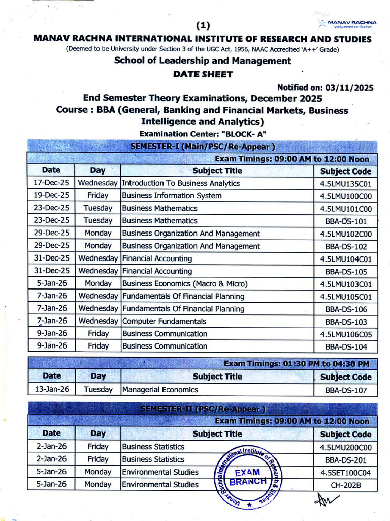 SLM Datesheet End Sem Exam, Dec. 2025 | PDF