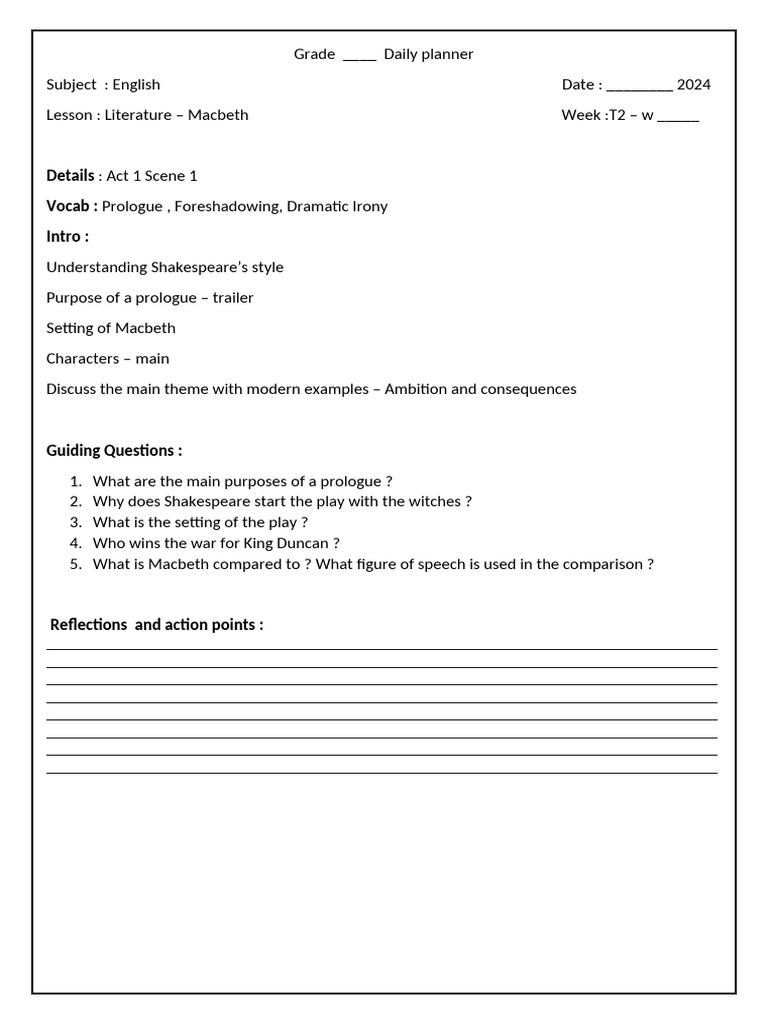 Grade Daily Planner: Macbeth Literature | PDF