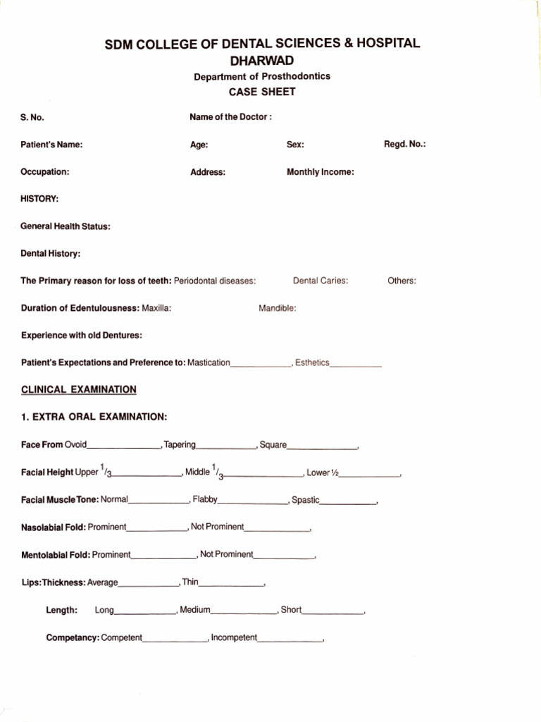 Dental Case Sheet for Complete Dentures | PDF | Dentures | Dentistry ...