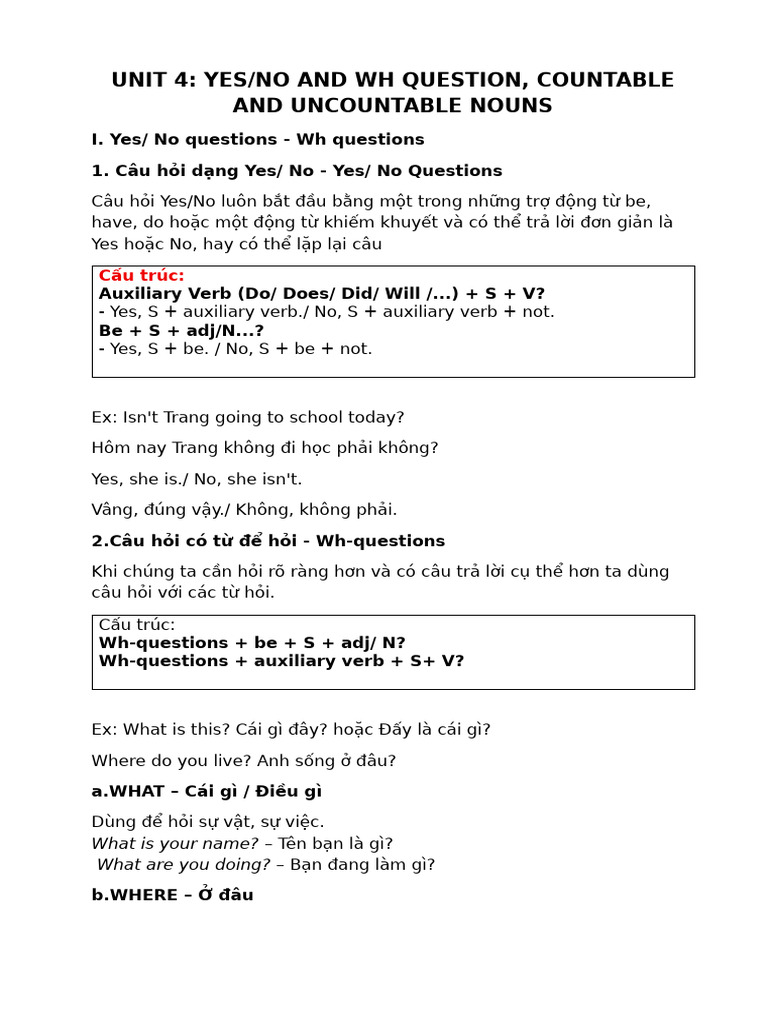 Unit 4 - Yes No WH Count Uncount | PDF