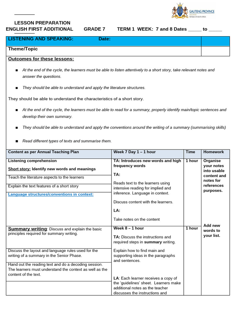 T1 - Gr 07 Wk 7 and 8 Lesson plan | PDF | Reading Comprehension | Editing