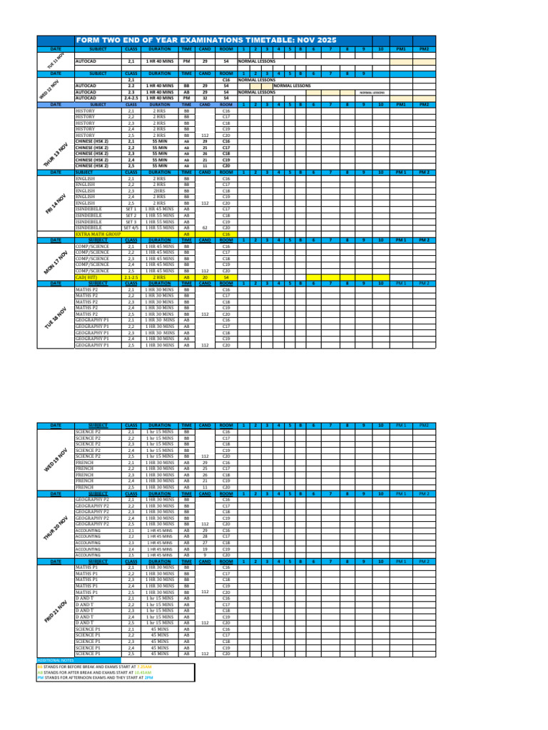 Form 2 Examination Timetable Term 3 2025 | PDF