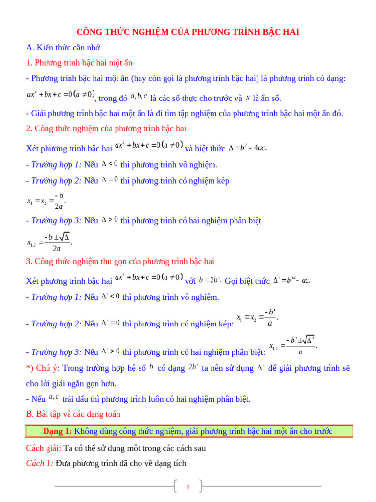 Tai Lieu Toan 9 Chu de Cong Thuc Nghiem Cua Phuong Trinh Bac Hai | PDF