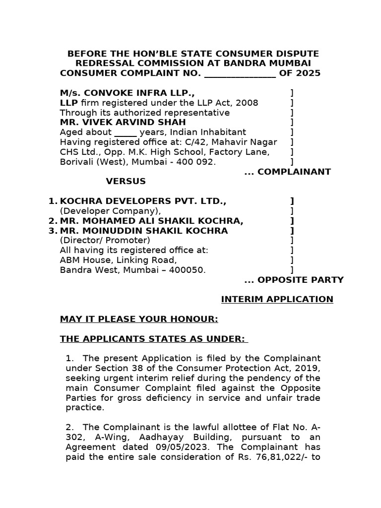 Interim Relief Application for Consumer Complaint | PDF | Common Law ...