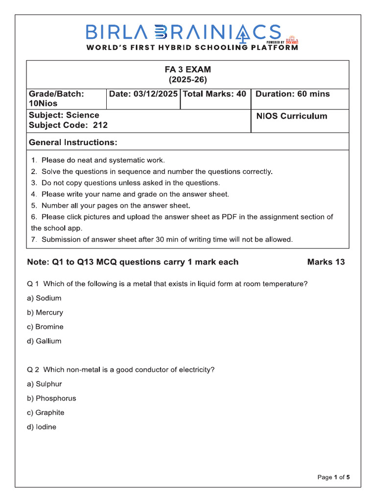 G10 NIOS - Science - FA 3 - 33283206 | PDF