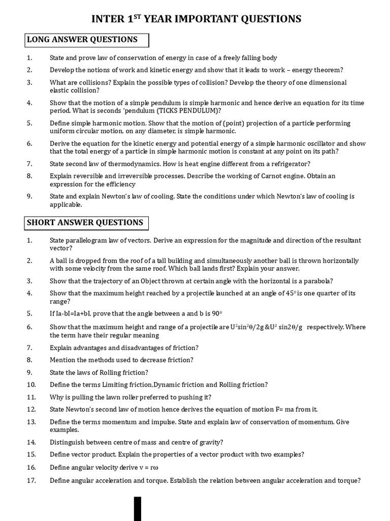 Important Physics Questions for Inter 1st Year | PDF | Gases | Newton's ...