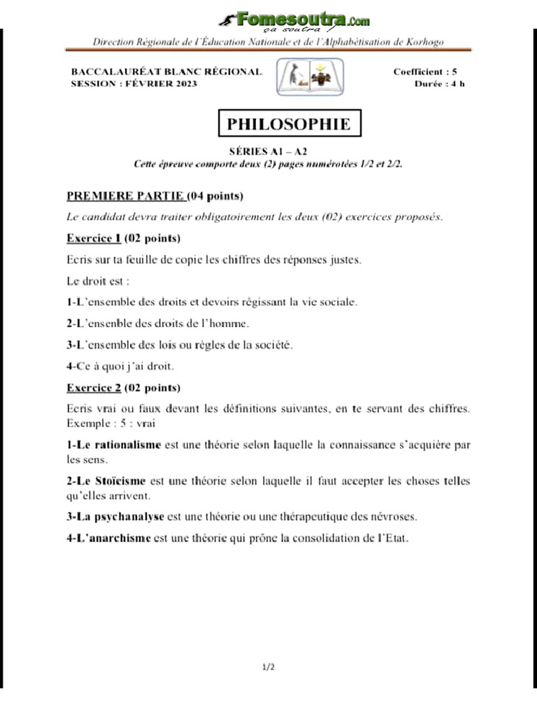 Bac Blanc 2023 Philo Serie A1&2 Dren Korhogo Sujet+Barème | PDF