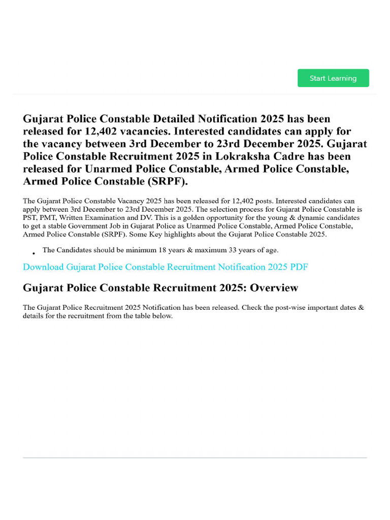 Gujarat Police Constable Recruitment 2025Exam Info | PDF